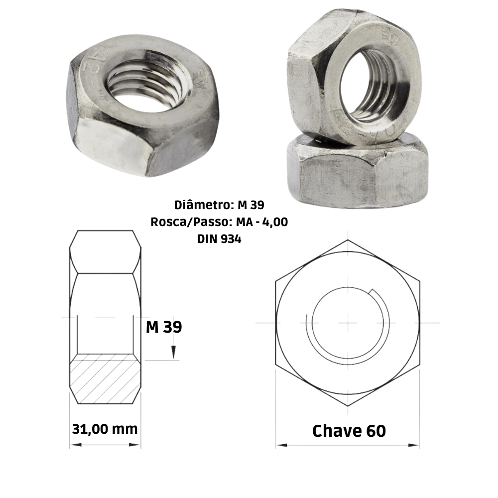 Porca sextavada inox 304 - m39-4,00 ma | CCP Virtual - ccp