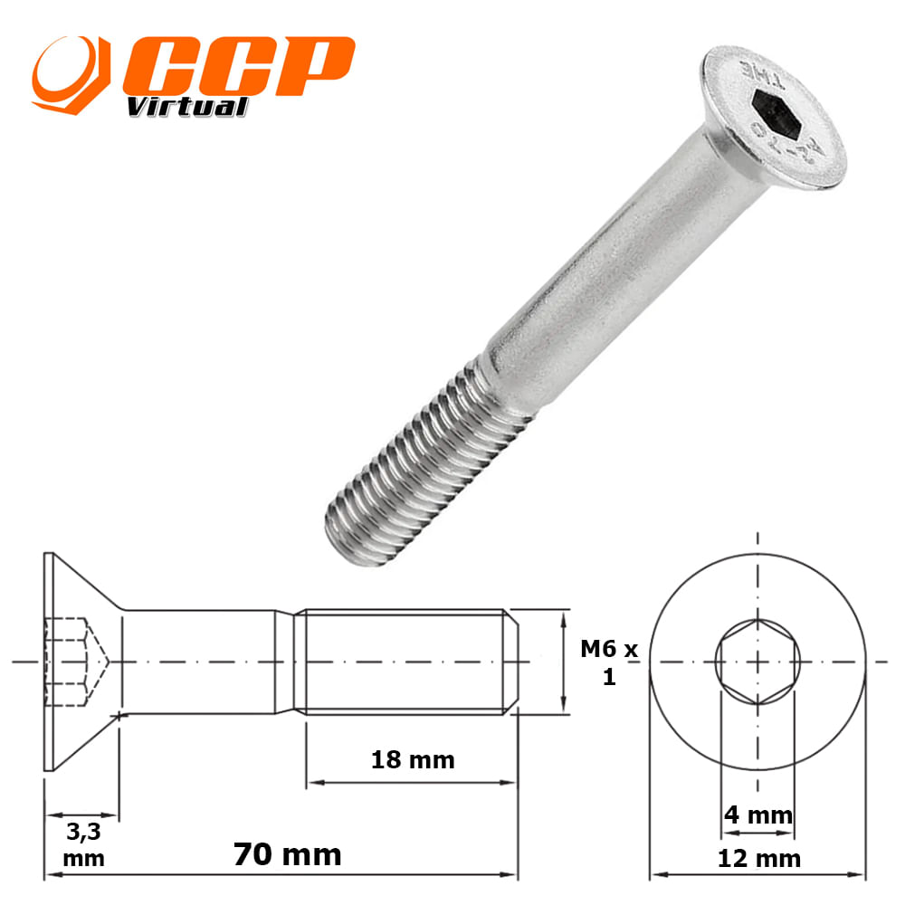 Parafuso allen cabeça chata inox 304 - m6-1,00 x 70 | CCP Virtual - ccp