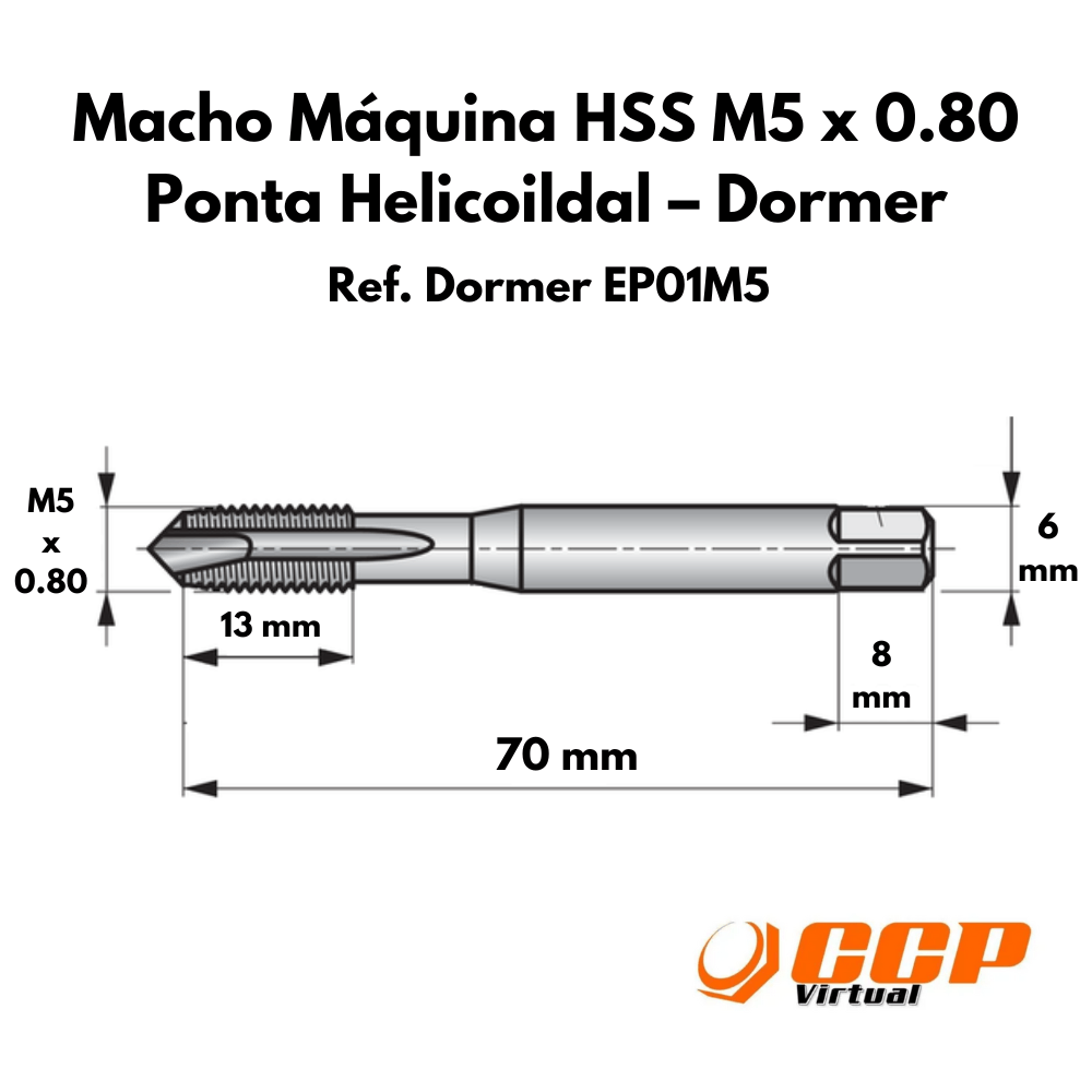 Macho Maquina HSS M5 x 0.80 Ponta Helicoildal EP01M5 – Dormer - ccp