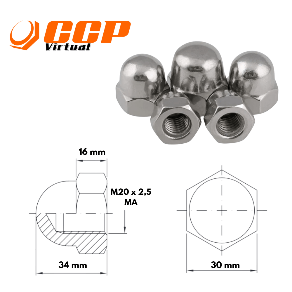 Porca calota latão inox 304 -m20-2,50 ma - ccp