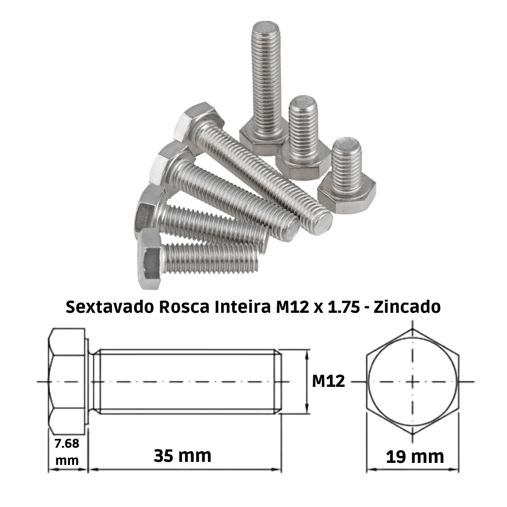 Parafuso sextavado de ferro rosca inteira m12-1,75 x 35 ma zincado ...