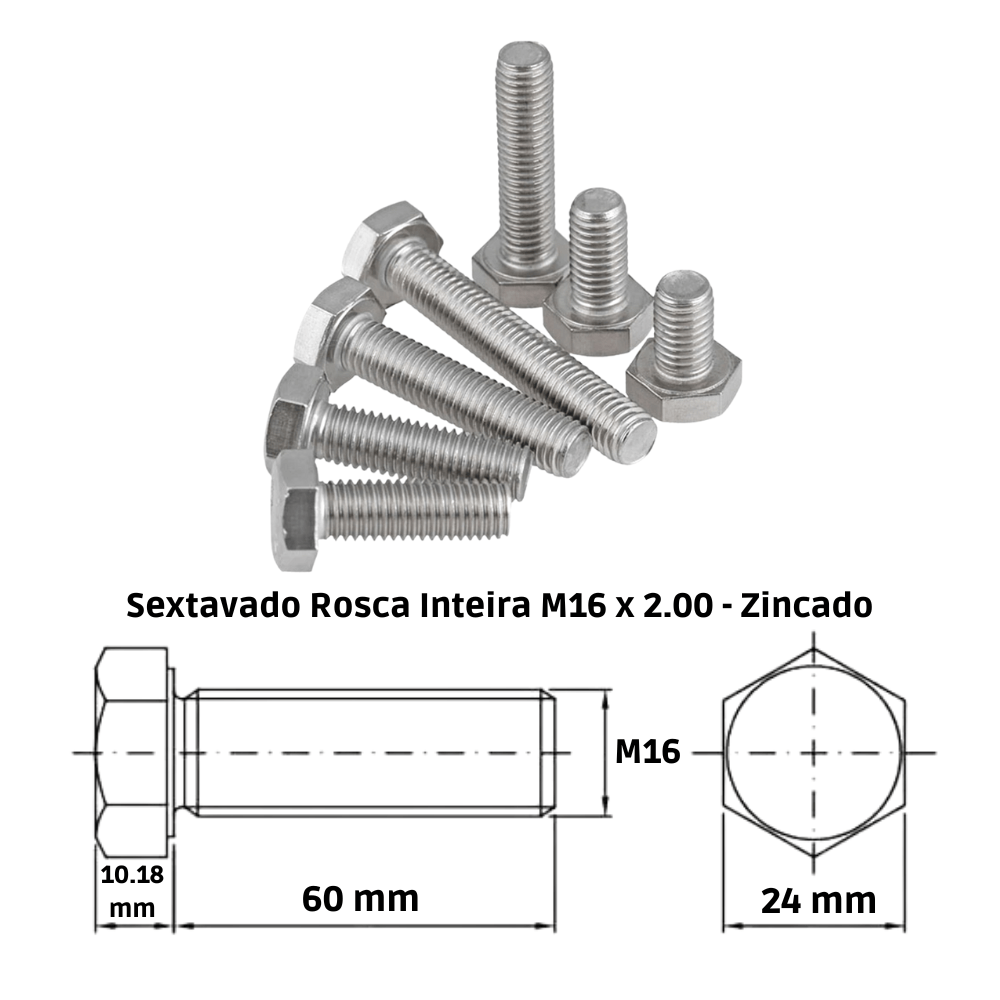 Parafuso sextavado de ferro rosca inteira m16-2,00 x 60 ma zincado ...