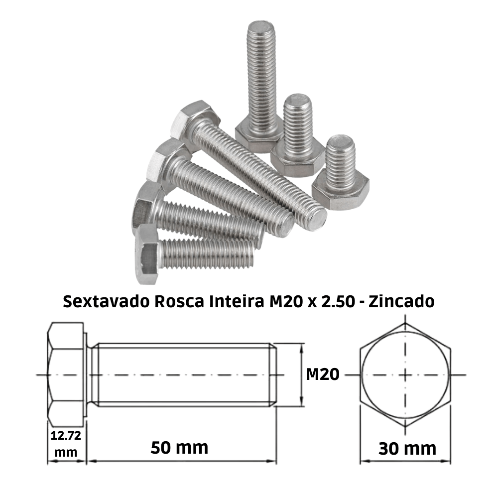 Parafuso sextavado de ferro rosca inteira m20-2,50 x 50 ma zincado ...